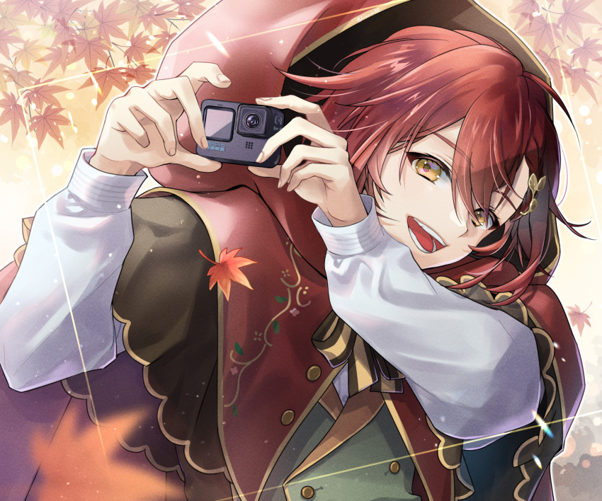 Safebooru - 1boy :d camera cloak falling leaves framed green vest hair ...