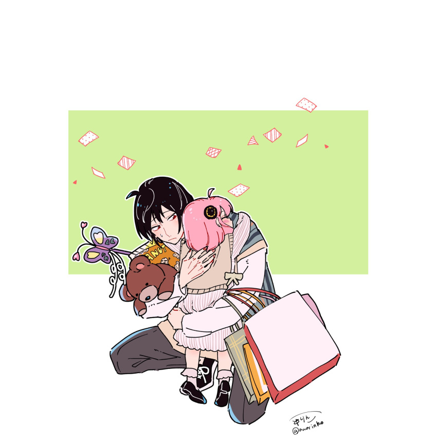 Safebooru - 1boy 1girl ahoge anya (spy x family) awarinko bag bangs black footwear black hair ...