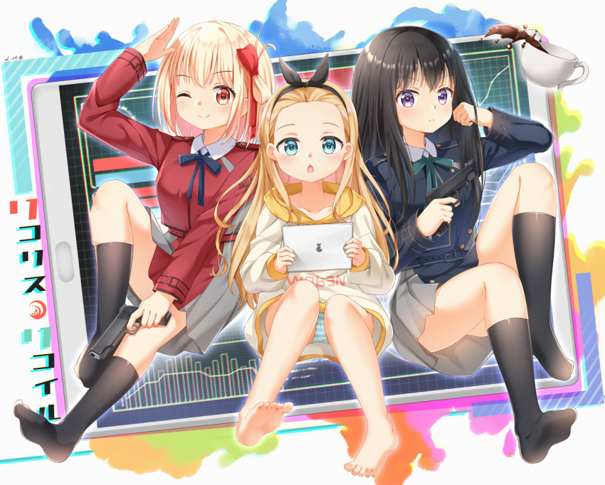 Safebooru - 3girls barefoot black hair black ribbon blonde hair blue eyes blush chinese ...