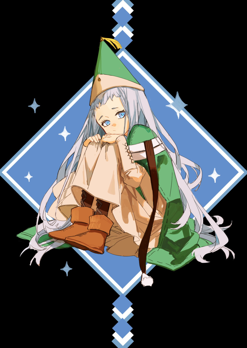 Safebooru - 1girl absurdres black socks blue eyes boots brown footwear cape closed mouth ...