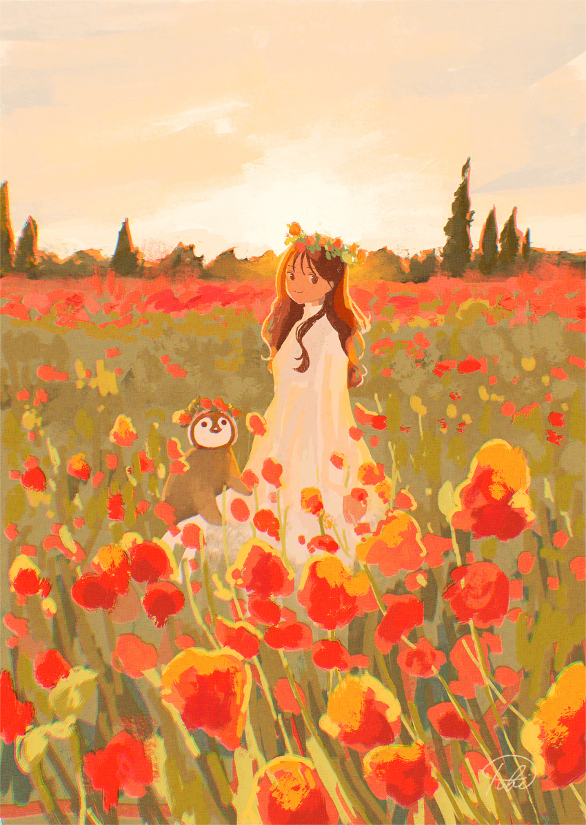 Safebooru - 1girl animal bird dress field flower flower field highres ...