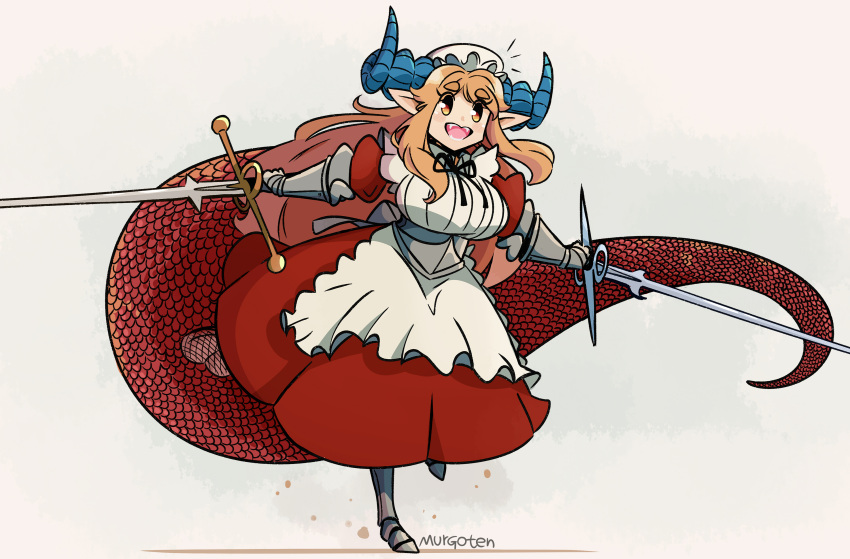 Safebooru - 1girl absurdres apron armor armored boots armored dress blonde hair blue horns boots ...