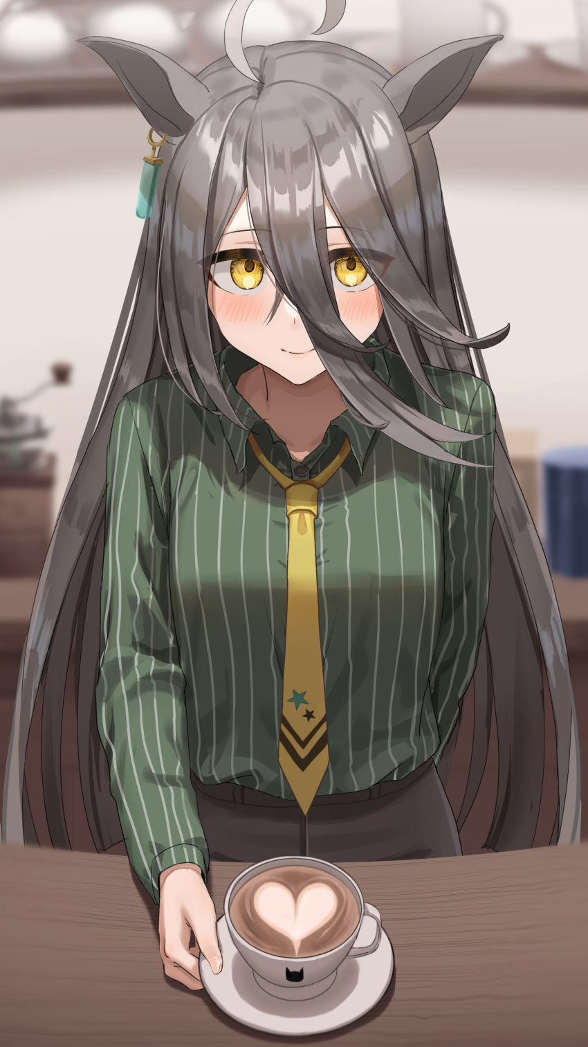 Safebooru - 1girl absurdres ahoge animal ears bangs black hair blush coffee cup earrings green ...