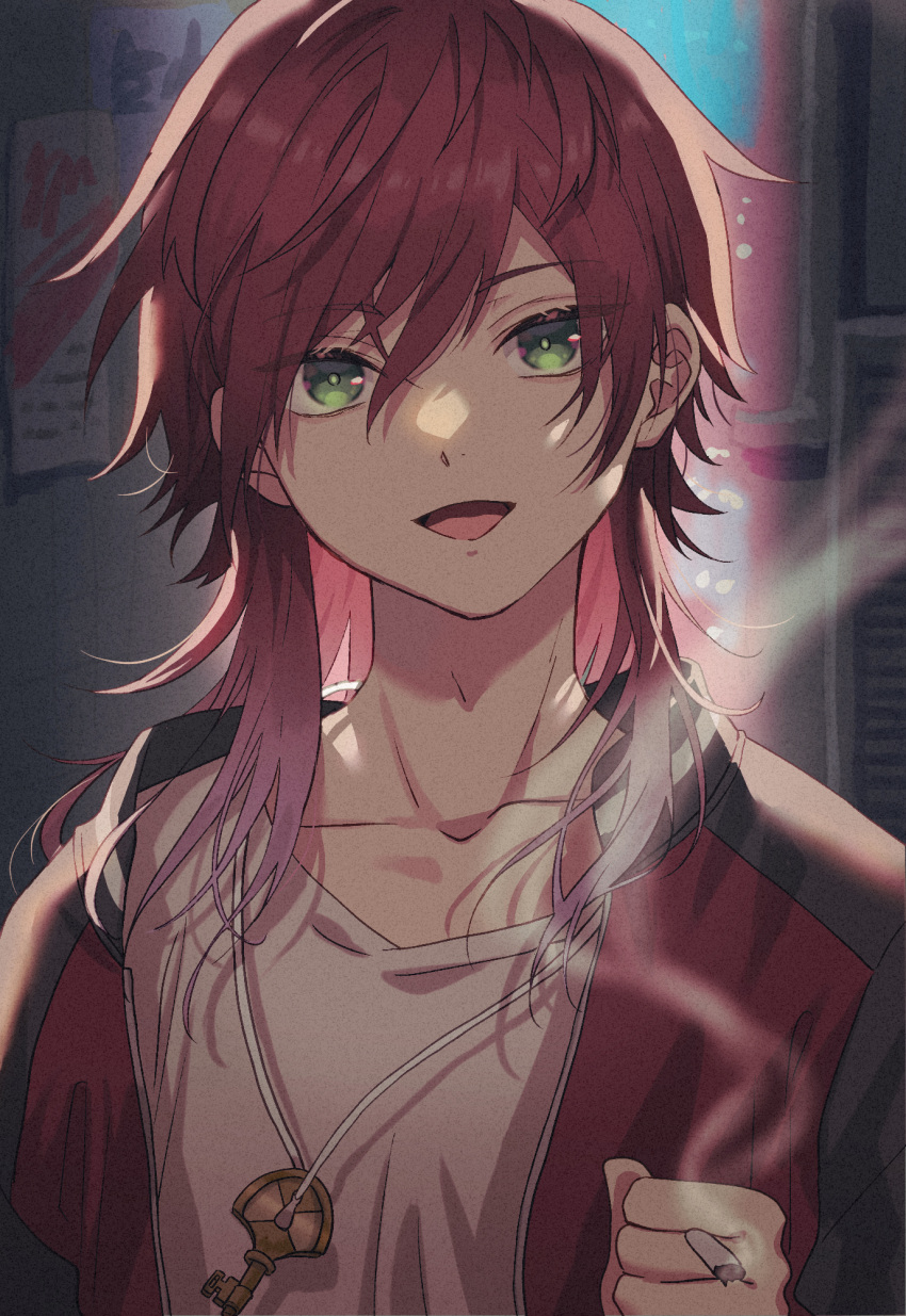 Safebooru - 1boy :d bangs black jacket cigarette collarbone commentary ...