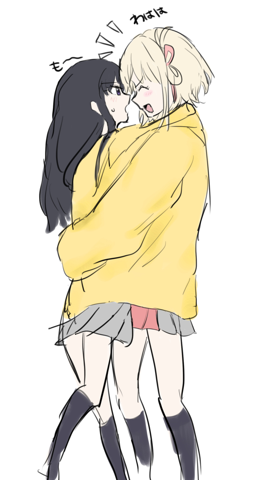 Safebooru - 2girls absurdres black hair blonde hair blush closed eyes commentary request hair ...