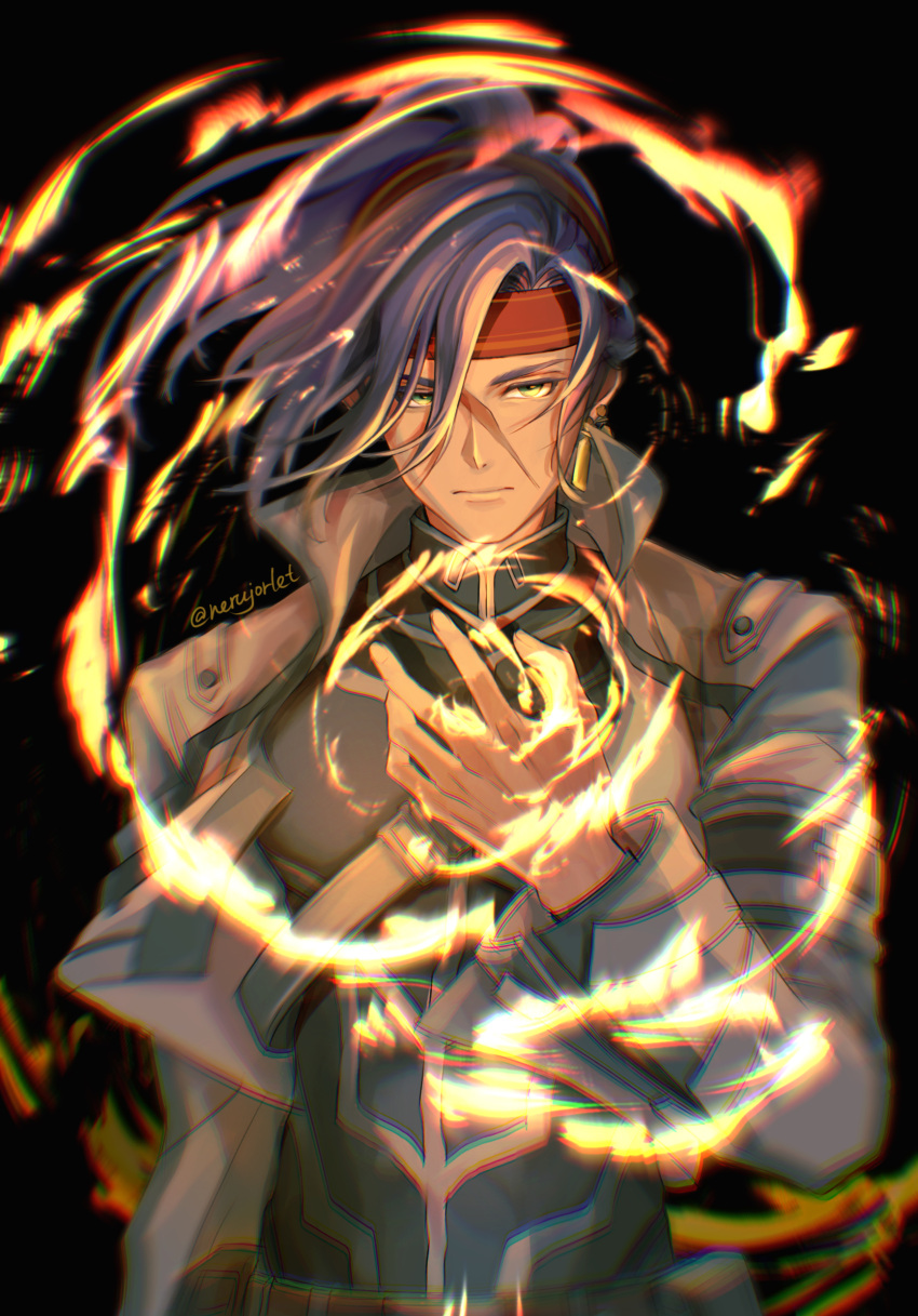 Safebooru - 1boy black background earrings eiyuu densetsu fire hand up headband highres jewelry ...