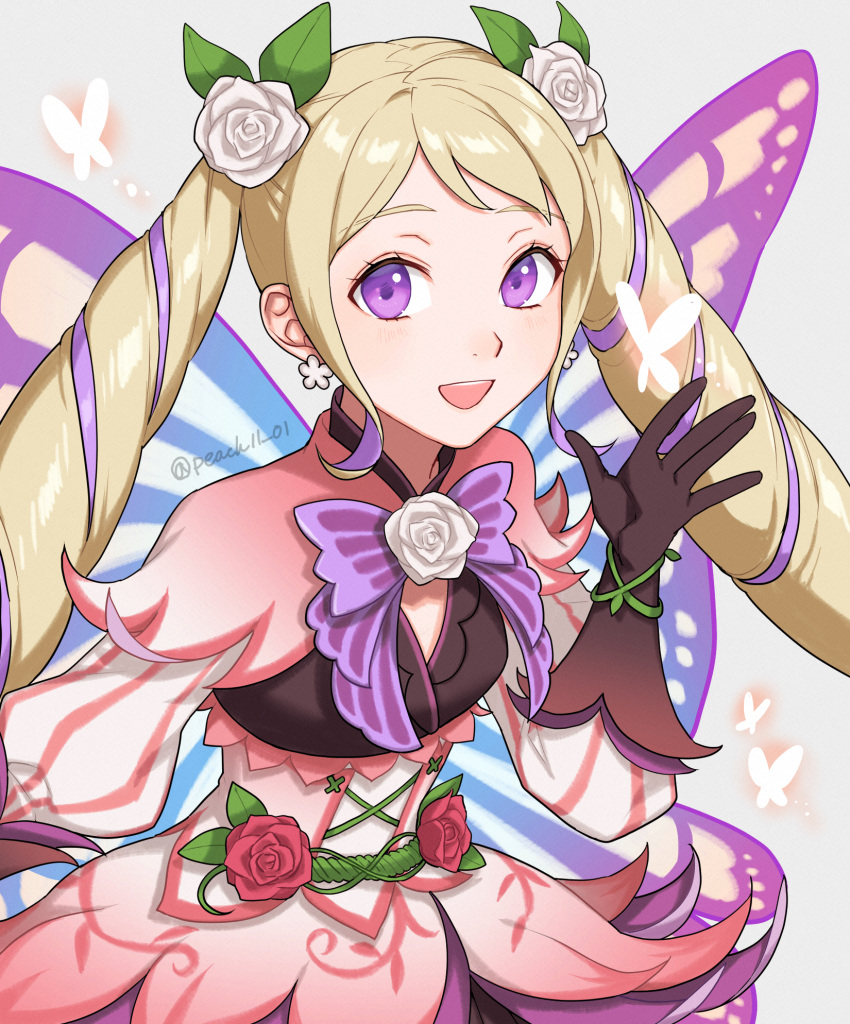 Safebooru - 1girl :d bangs black gloves blonde hair bug butterfly dress ...