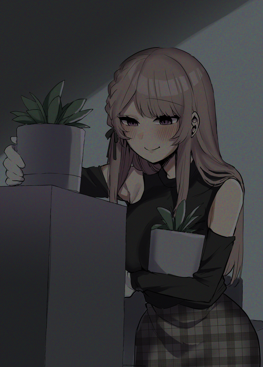 Safebooru - 1girl absurdres bangs blush braid brown hair closed mouth crop top darkness detached ...