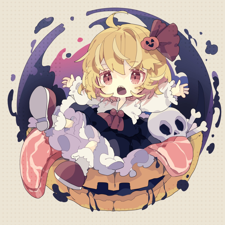 Safebooru - 1girl ascot black skirt black vest blonde hair bone chibi ...