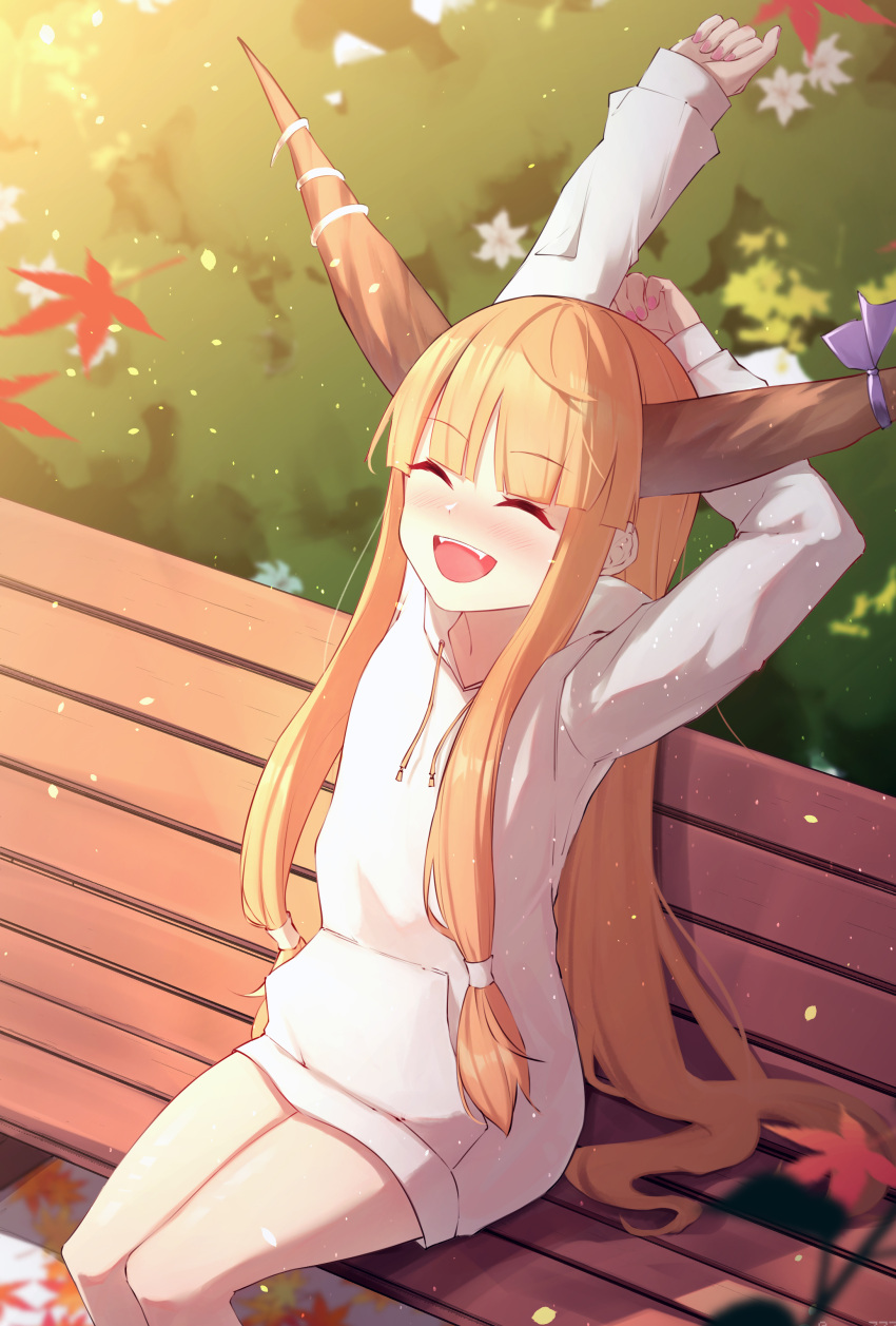 Safebooru - 1girl absurdres alternate costume autumn leaves bench blue ribbon blush closed eyes ...