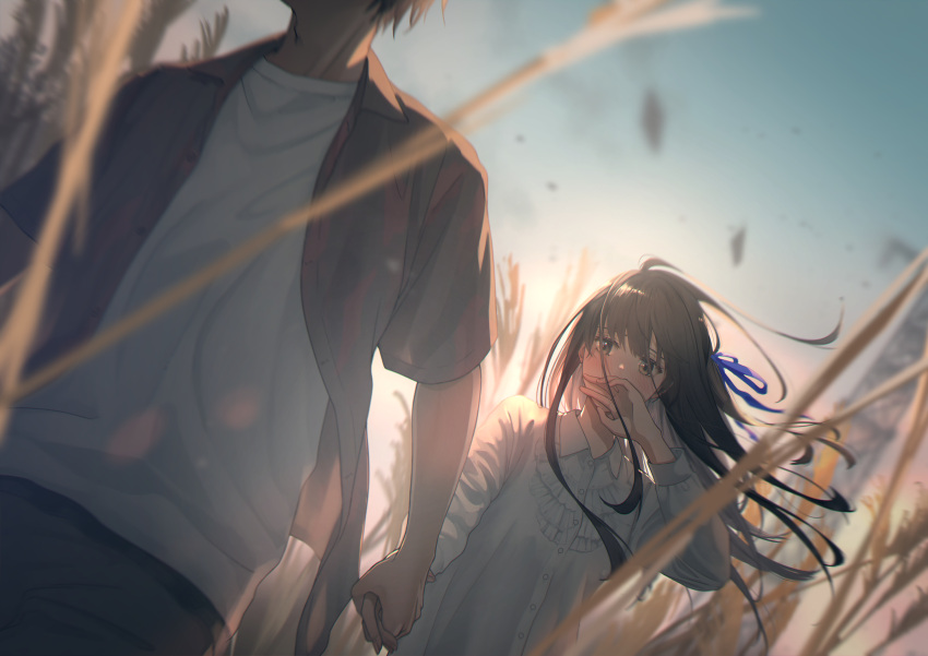 Safebooru - 1boy 1girl absurdres black hair blue ribbon blue sky blurry blurry background blurry ...