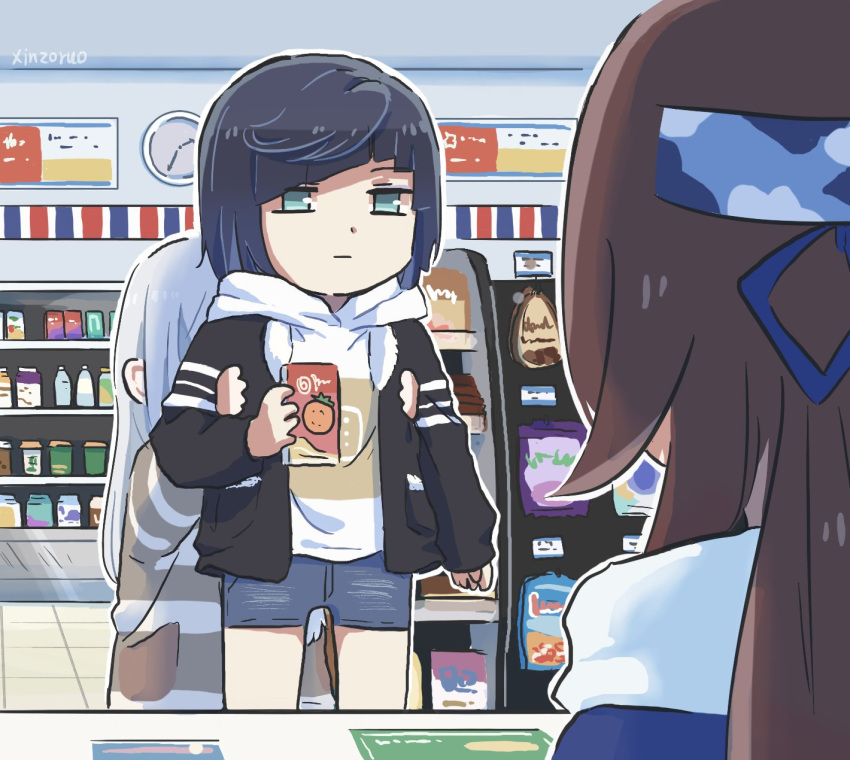 Safebooru - 3girls black hair black jacket blue hair blue shorts bottle commentary contemporary ...