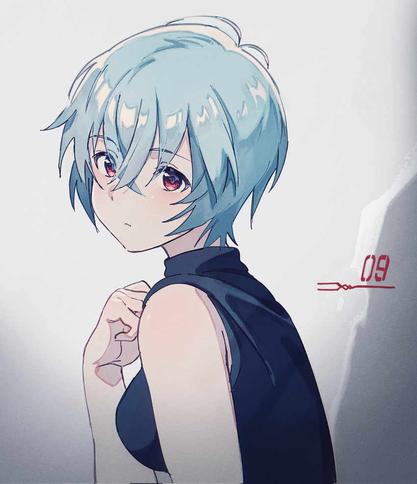 Safebooru - 1girl antenna hair ayanami rei bangs bare arms blue hair blue shirt breasts ...