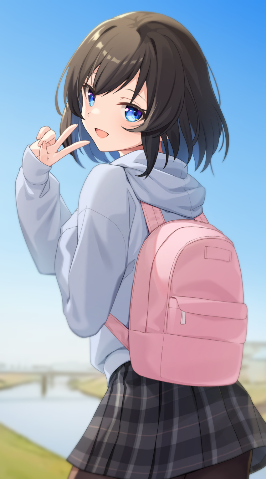 Safebooru - 1girl backpack bag black hair black skirt blue eyes blush highres jacket looking at ...