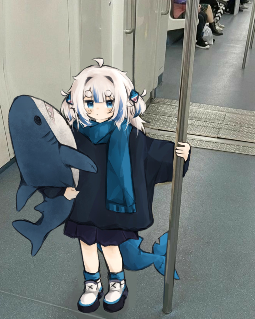 Safebooru - 1girl absurdres ahoge black coat black skirt blue eyes blue hair blue scarf closed ...
