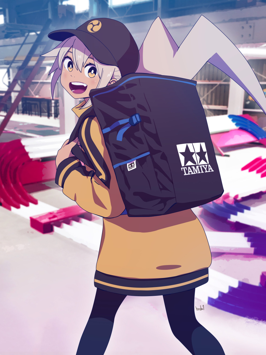 Safebooru - 1girl :d absurdres backpack bag bangs baseball cap black headwear black pantyhose ...