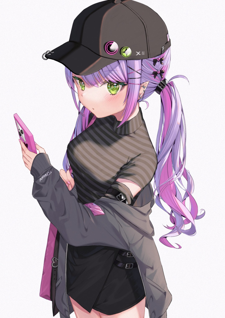 Safebooru - 1girl bangs baseball cap black headwear black shirt black skirt closed mouth ear ...