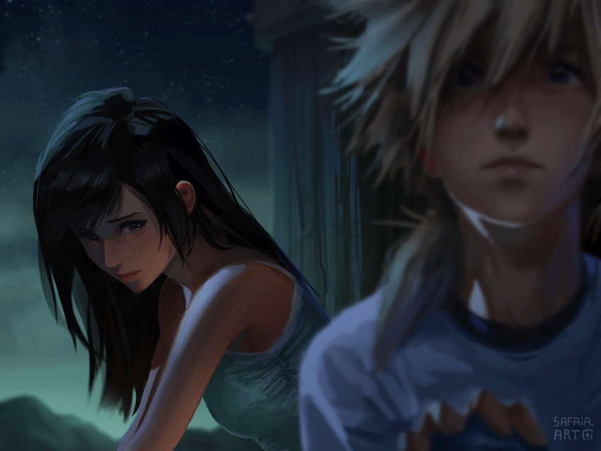 Safebooru - 1boy 1girl black hair blonde hair cloud strife dress final ...