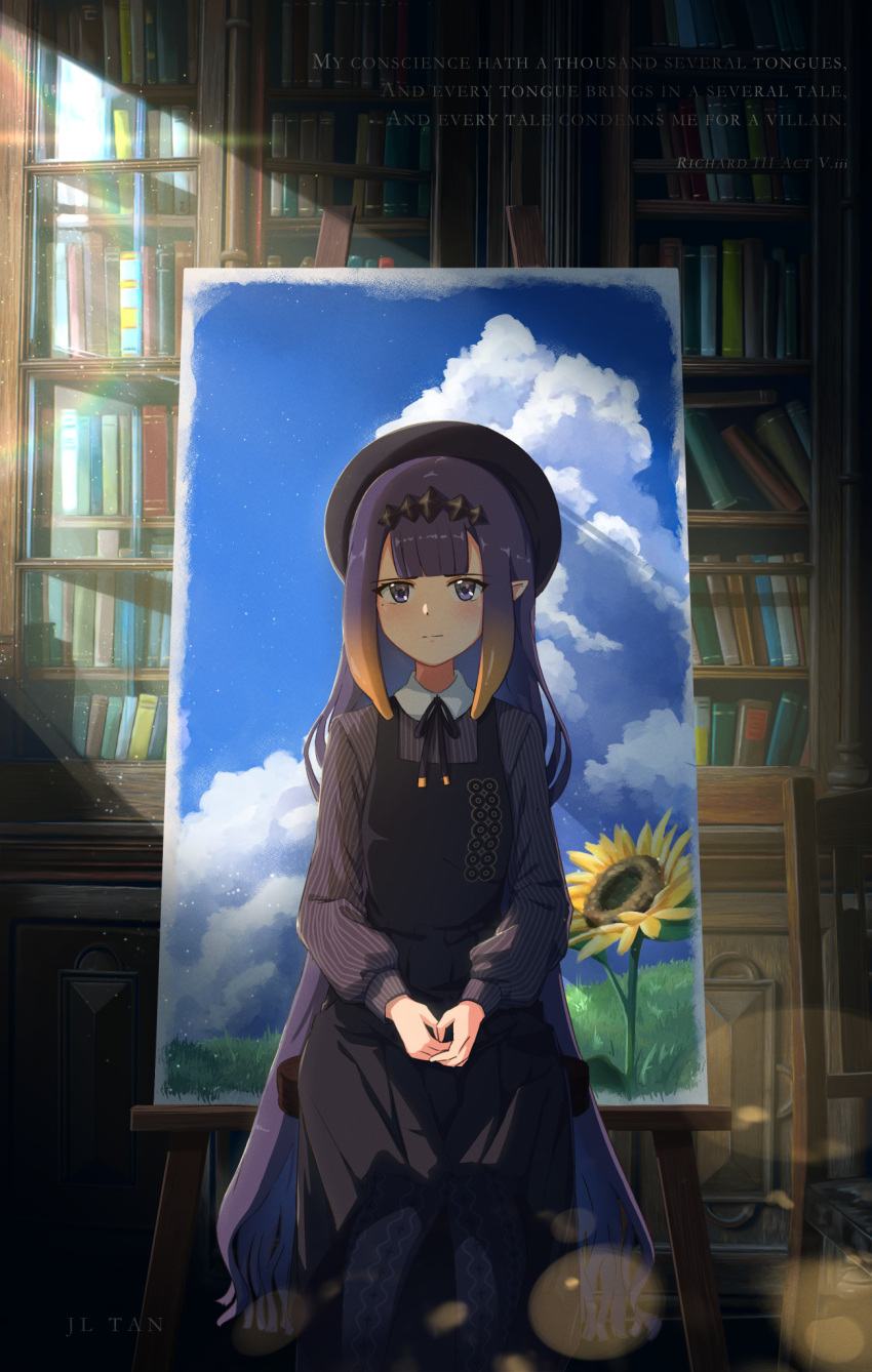 Safebooru - 1girl artist name backlighting bangs beret black dress black headwear blush book ...