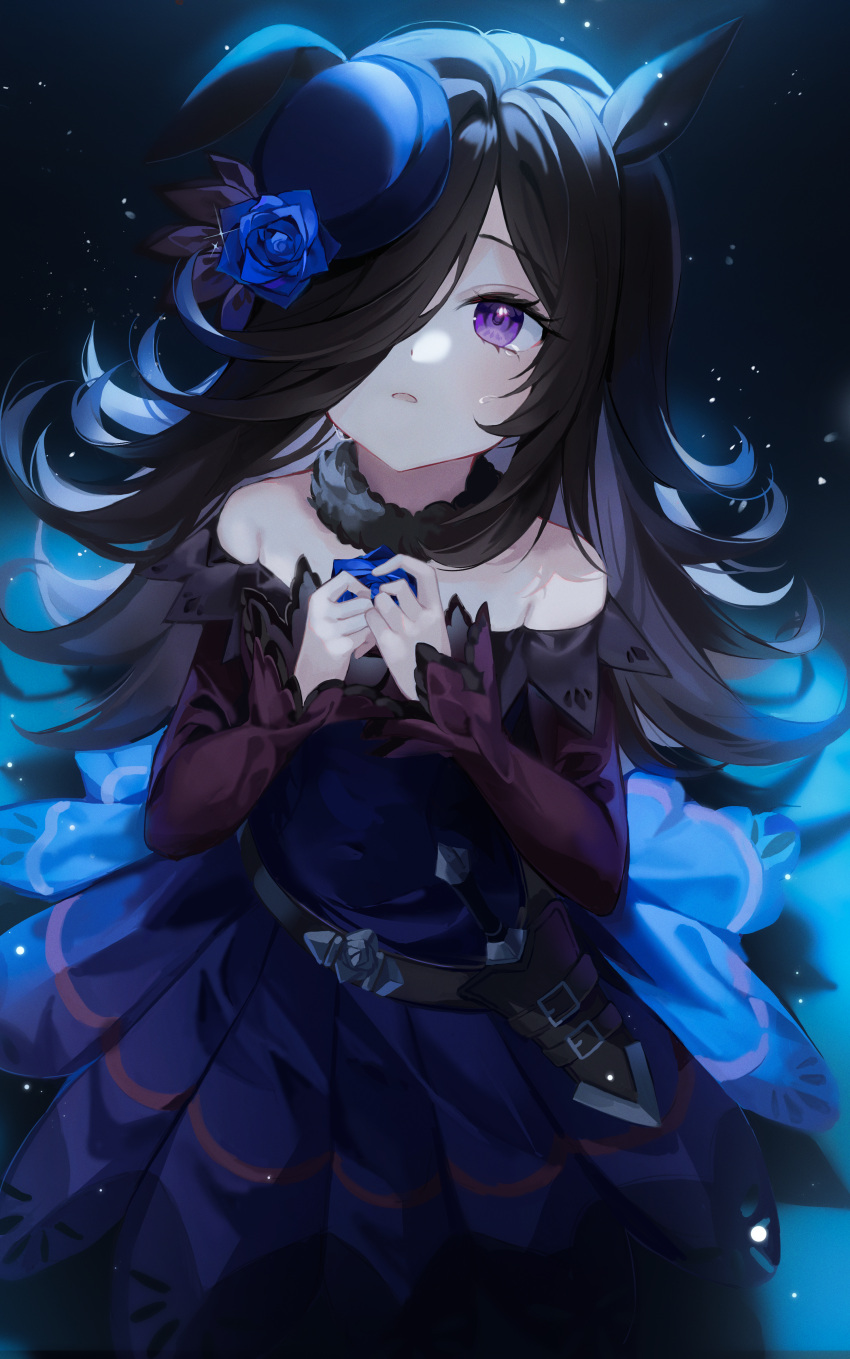 Safebooru - 1girl absurdres bare shoulders black hair blue dress blue flower blue headwear blue ...