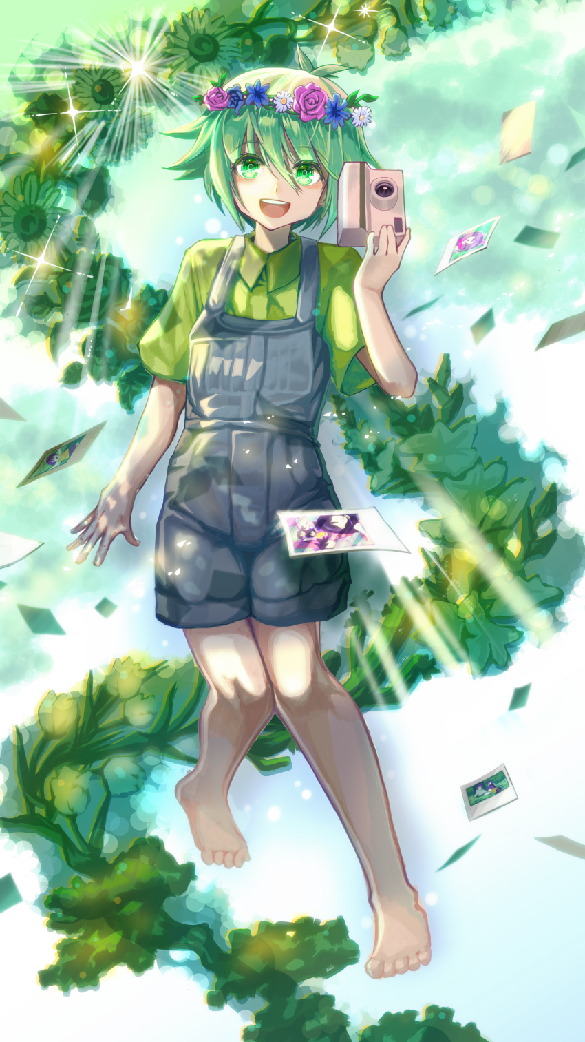 Safebooru - 1boy absurdres barefoot basil (omori) blush camera collared shirt flower full body ...
