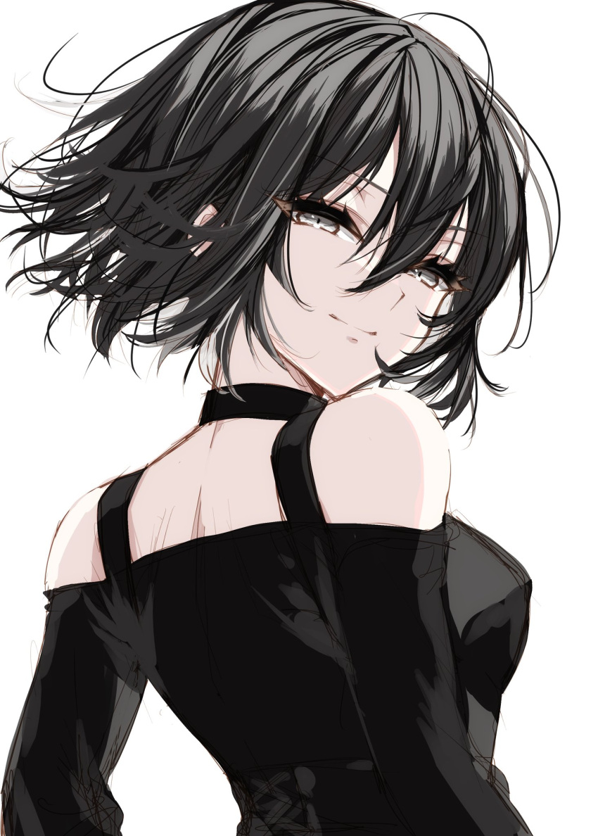 Safebooru - 1girl bangs black choker black shirt choker closed mouth grey eyes grey hair hair ...