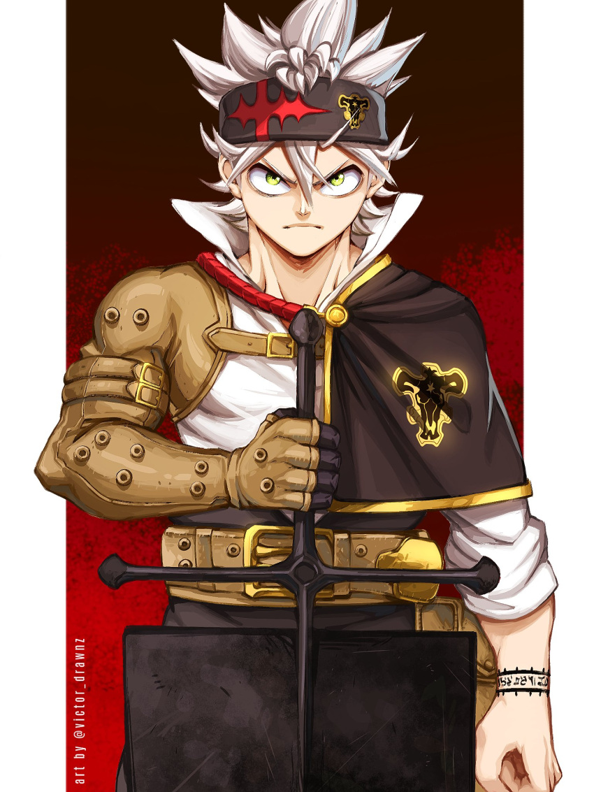Safebooru - asta (black clover) black bull (emblem) black clover green eyes grey hair headband ...