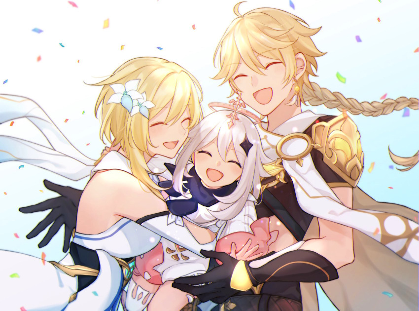 Safebooru - 1boy 2girls aether (genshin impact) ahoge bangs black ...