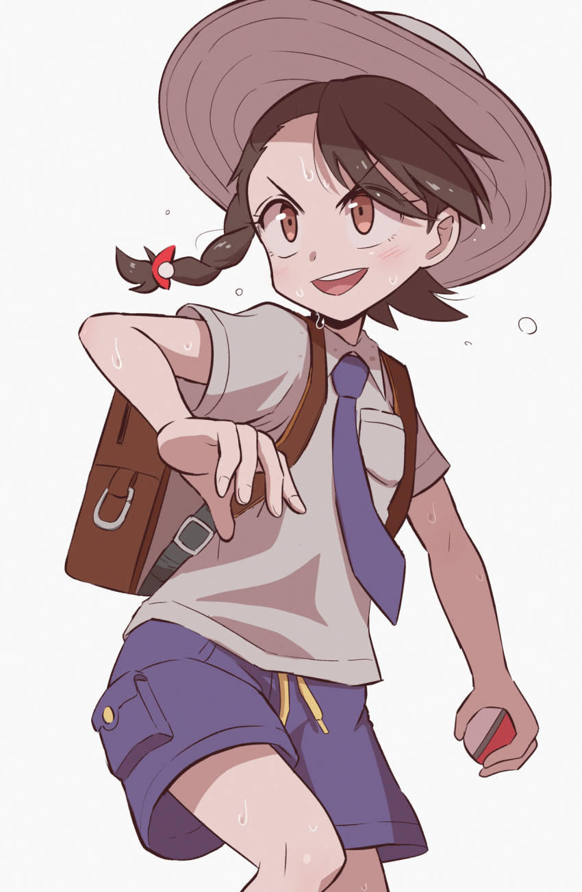 Safebooru - 1girl :d backpack bag bangs blush braid breast pocket brown bag brown eyes brown ...