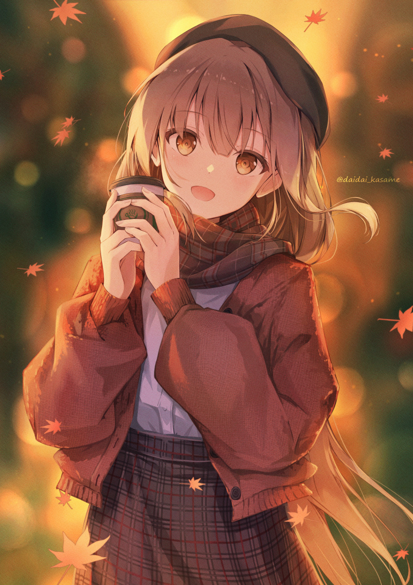 Safebooru - 1girl :d absurdres autumn leaves bangs black headwear blurry blurry background blush ...