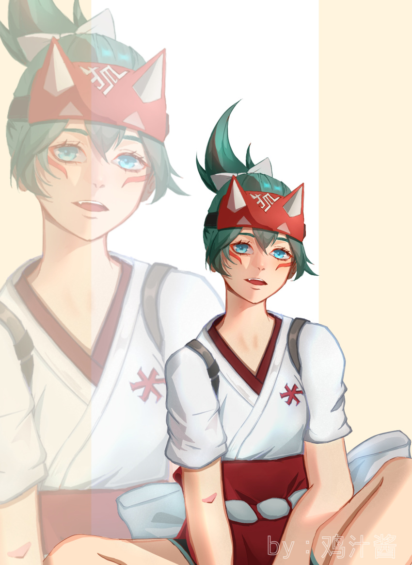 Safebooru - 1girl :d artist name bow facepaint green eyes green hair ...