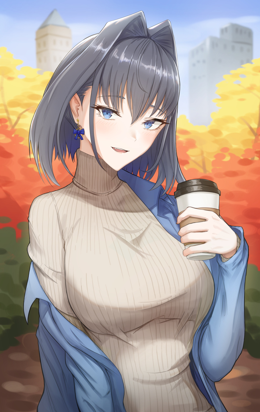 Safebooru - 1girl absurdres alternate costume black hair blue eyes blue shirt bow bow earrings ...