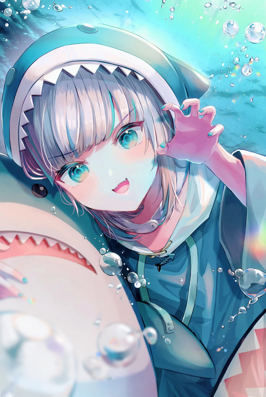 Safebooru - 1girl animal costume animal hood bangs blue eyes blue hair blue hoodie blue nails ...