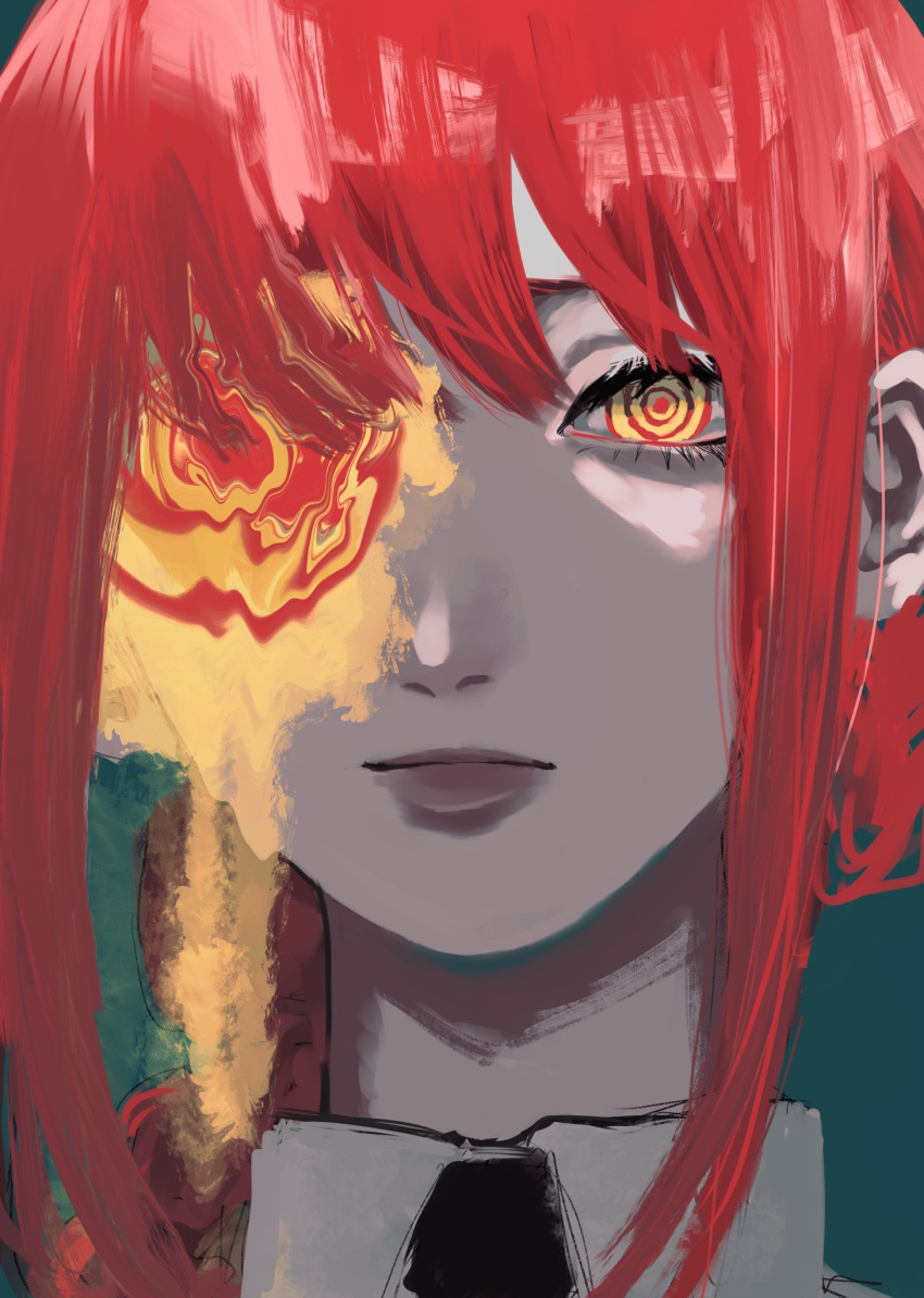 Safebooru - 1girl @ @ bangs black necktie blank stare bonjindaaa braid braided ponytail chainsaw ...