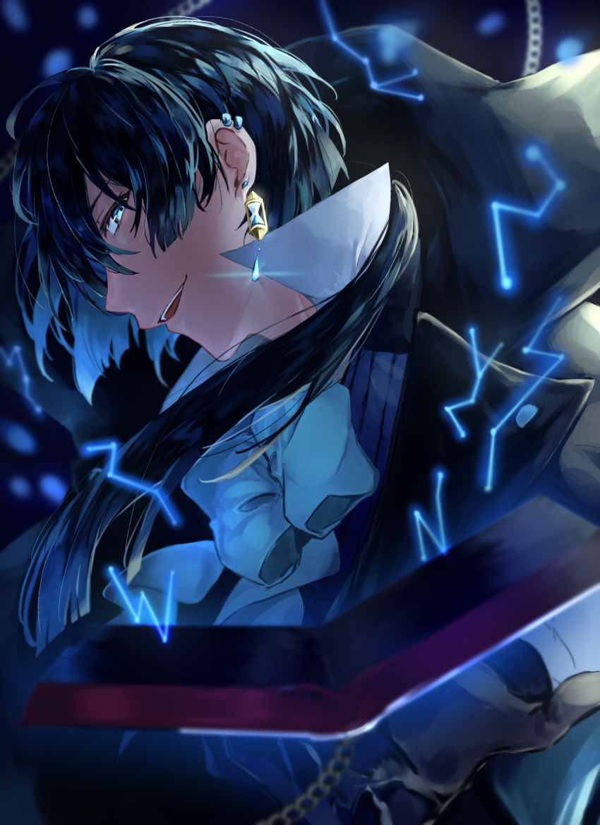 Safebooru - 1boy :d black gloves black hair black jacket blue bow blue bowtie blue eyes blunt ...