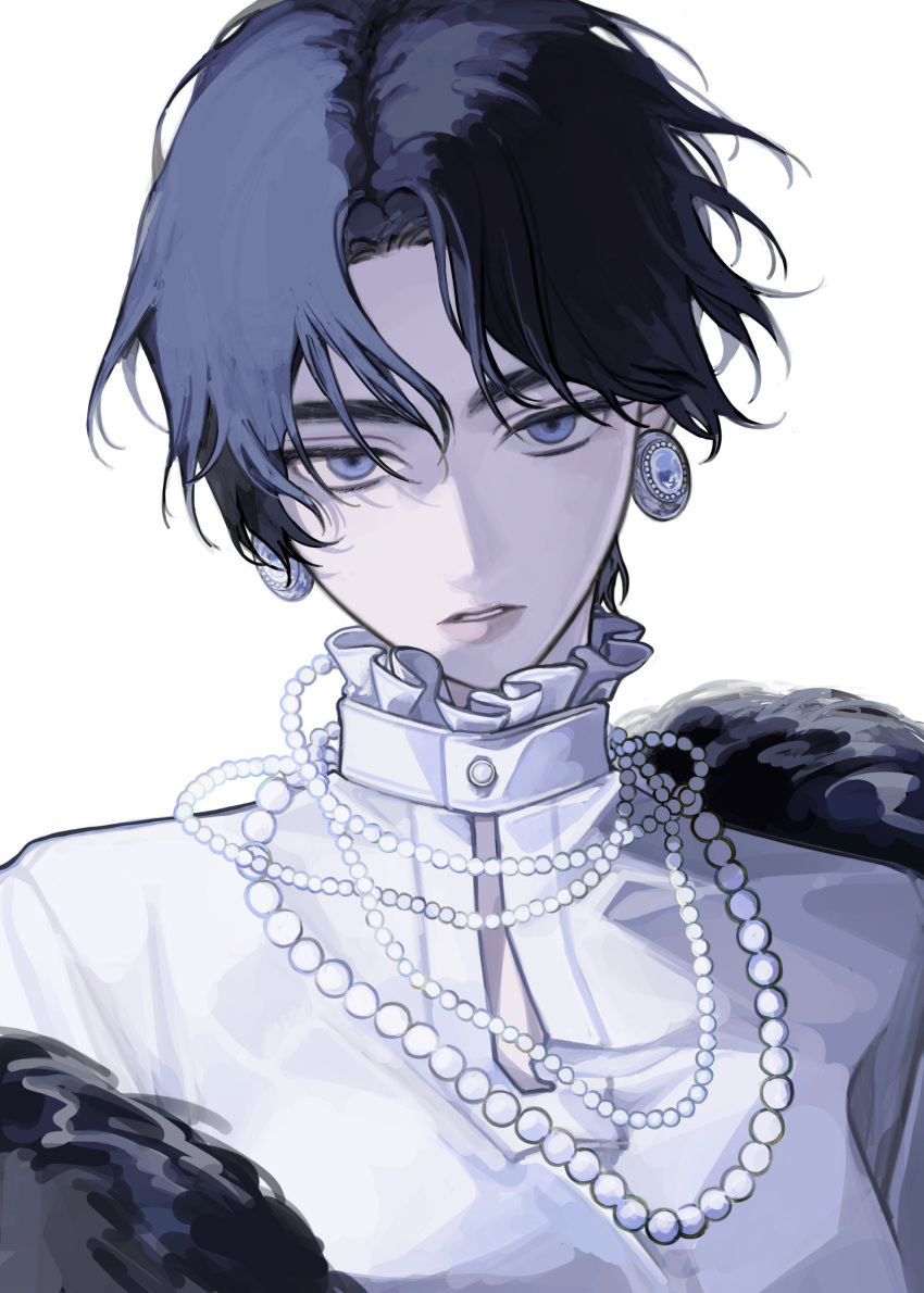 Safebooru - 1boy absurdres bead necklace beads black hair blue eyes commentary earrings english ...