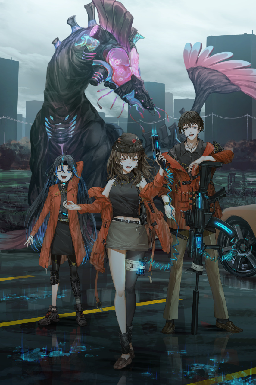 Safebooru - 1boy 2girls absurdres akatone asymmetrical legwear black ...