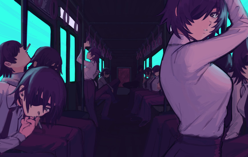 Safebooru - 6+girls bangs black hair black necktie black pants breasts ...