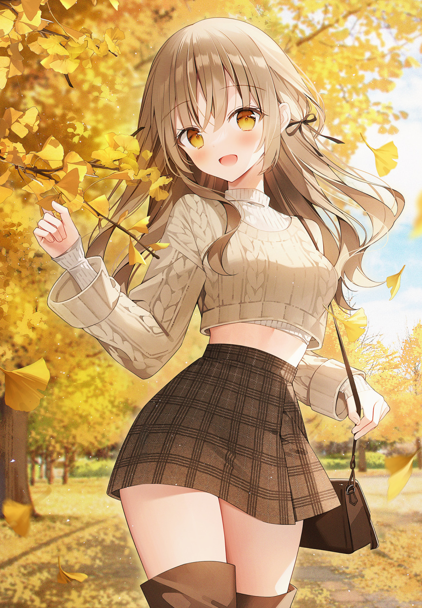 Safebooru - 1girl :d aran sweater autumn leaves bag blurry blurry background breasts brown hair ...