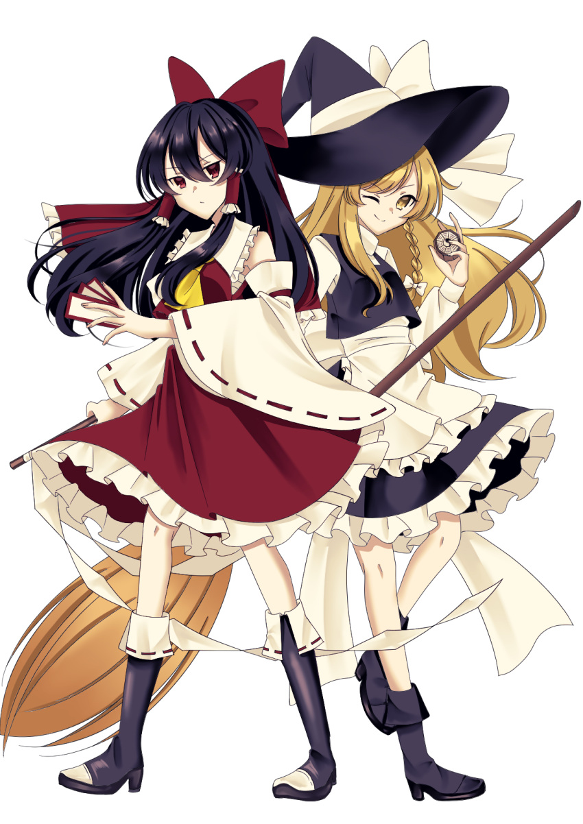Safebooru - 2girls ;) apron ascot black footwear black hair black headwear blonde hair bow braid ...