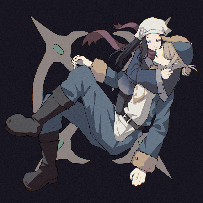 Safebooru - 1boy 1girl akari (pokemon) belt black background black belt black hair blonde hair ...