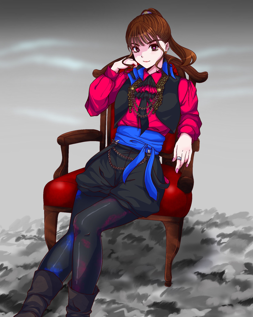 Safebooru - 1girl alluring brown eyes brown hair chair flint goldtsuiker highres jewelry kikai ...
