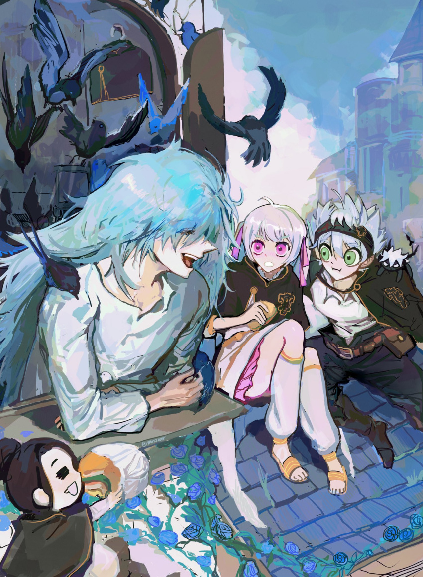 Safebooru - asta (black clover) bird black capelet black clover blue background blue hair blue ...