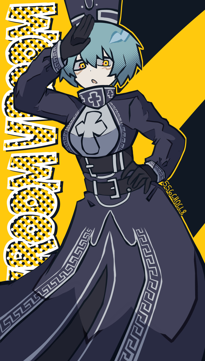 Safebooru - 1girl absurdres angela (project moon) arm up bangs belt black belt black coat black ...