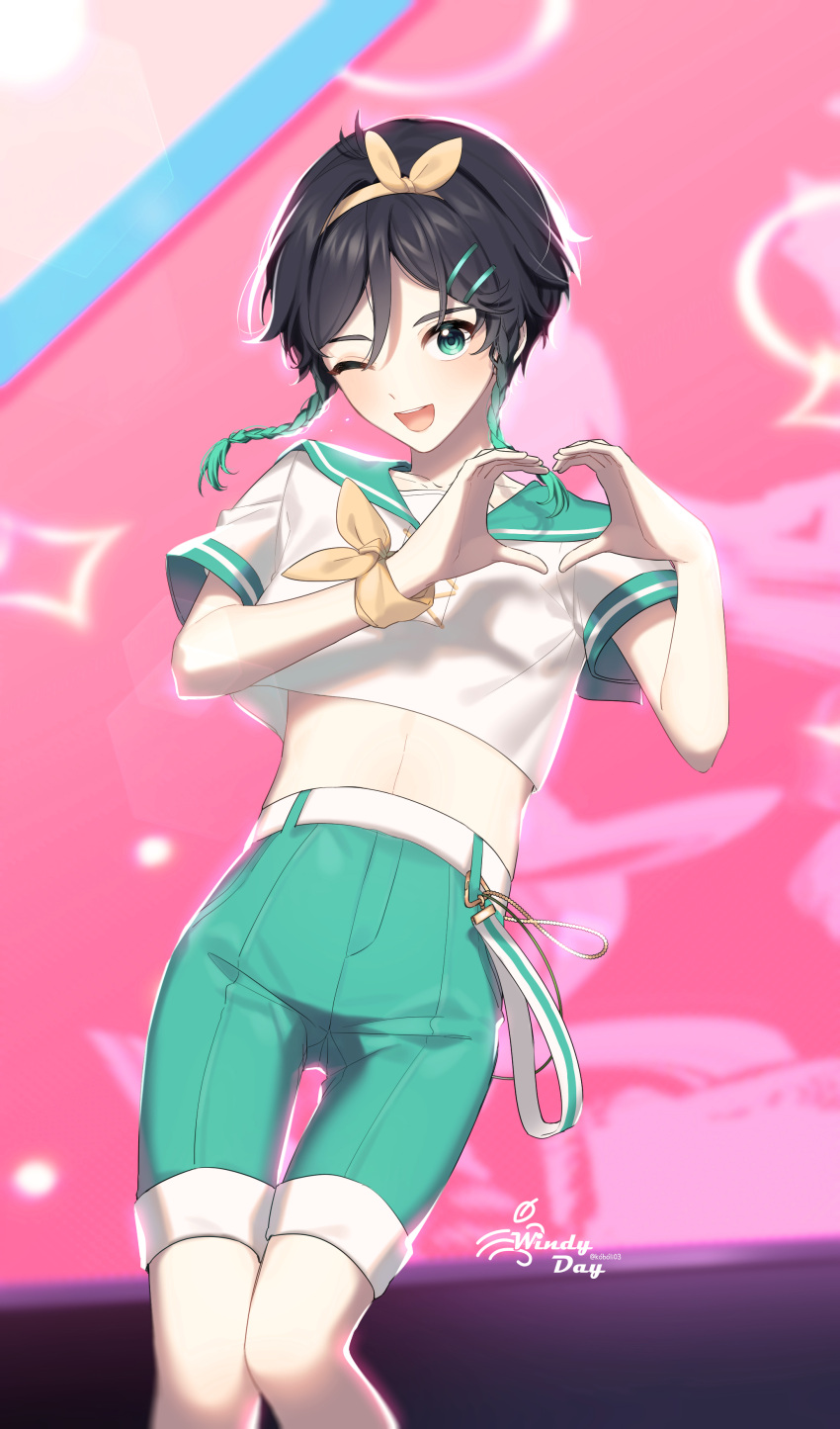 Safebooru - 1boy absurdres black hair braid crop top genshin impact green eyes green sailor ...