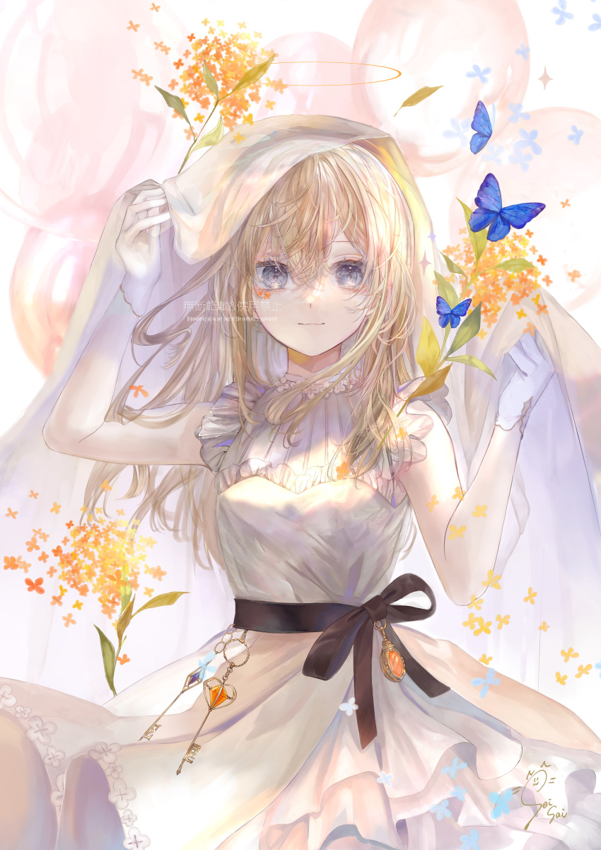 Safebooru - 1girl absurdres balloon black bow blonde hair blue butterfly bow breasts bug ...