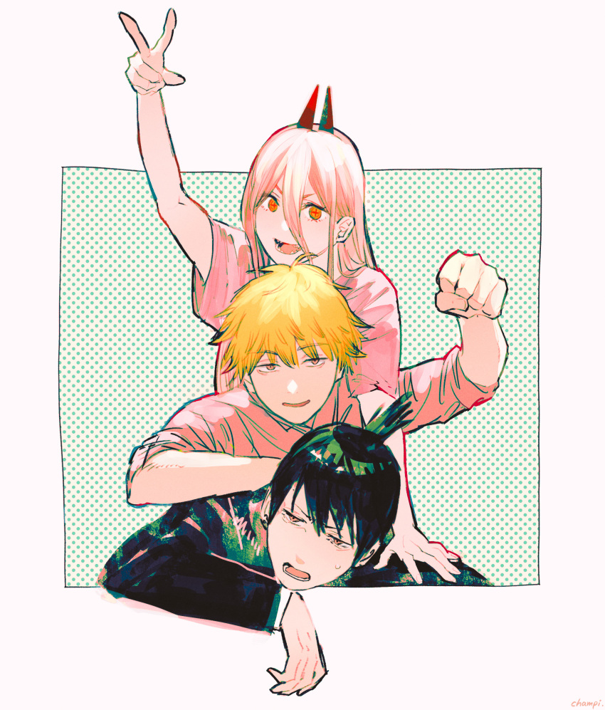 Safebooru - 1girl 2boys absurdres annoyed black hair blonde hair ...