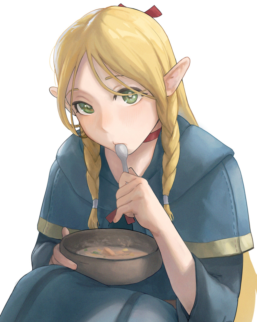 Safebooru - 1girl blonde hair blue robe blush bowl braid dungeon meshi eating elf food green ...