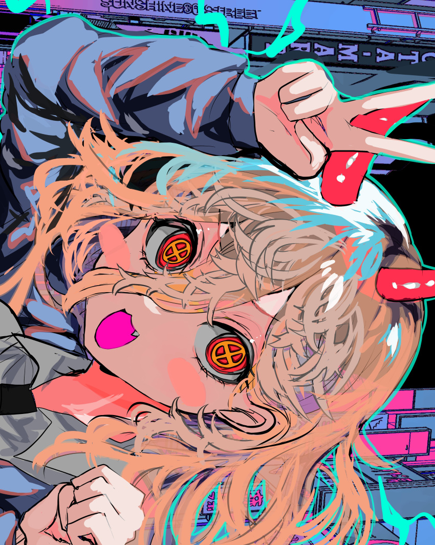 Safebooru - 1girl absurdres bangs blonde hair blue jacket blush building chainsaw man city ...