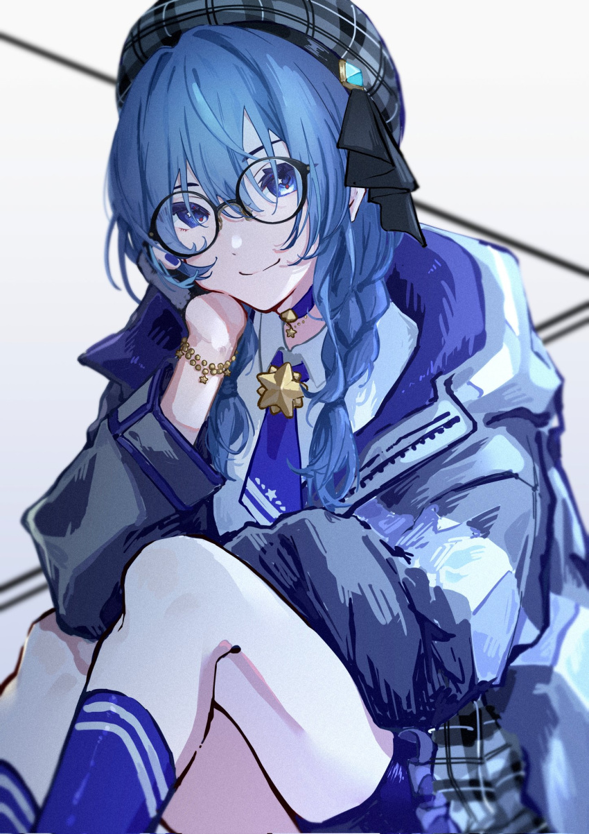 Safebooru - 1girl ascot beret black-framed eyewear blue eyes blue hair blue nails bracelet braid ...